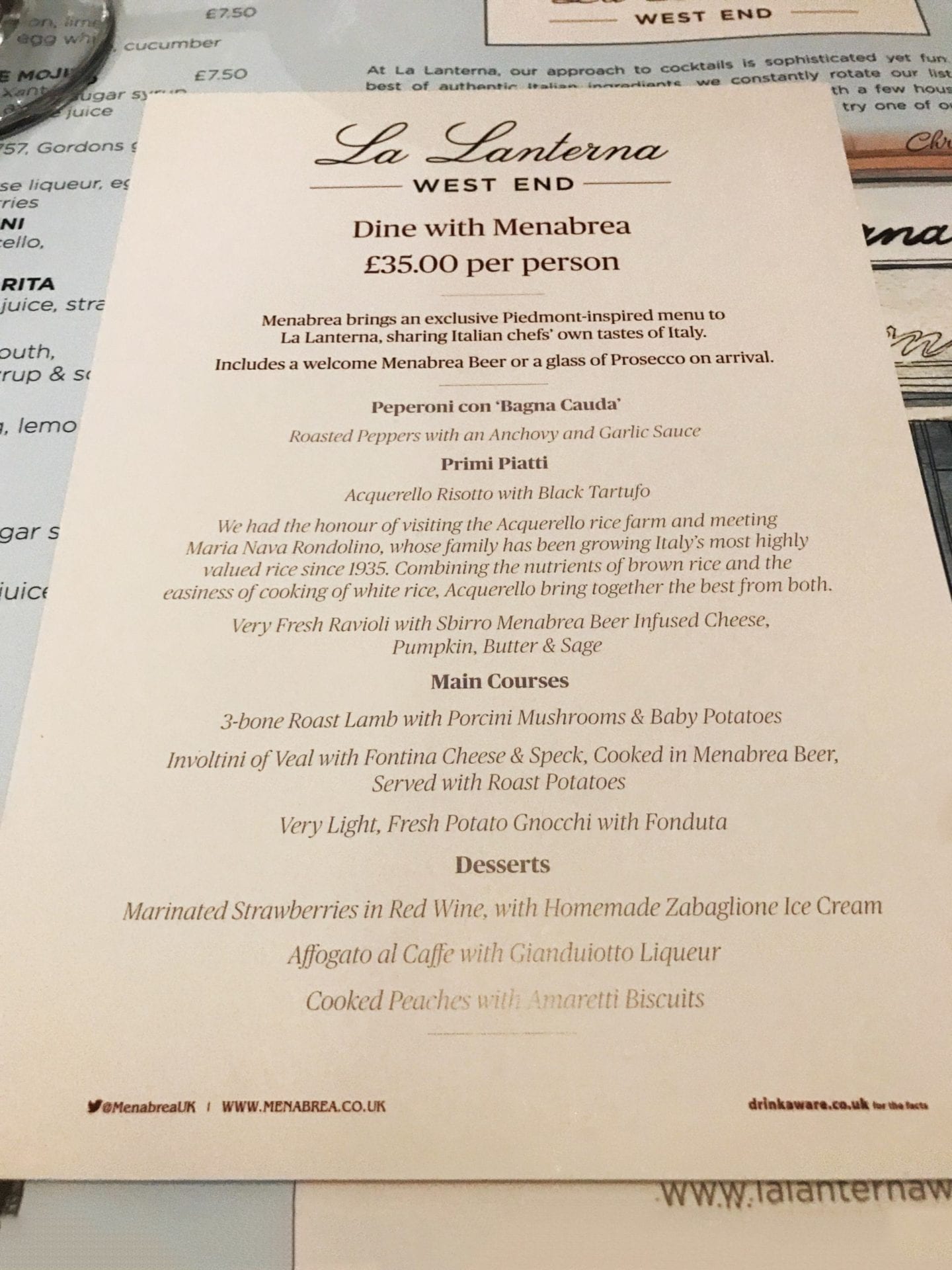 Menabrea & Piedmont menu at La Lanterna West End • Foodie Explorers